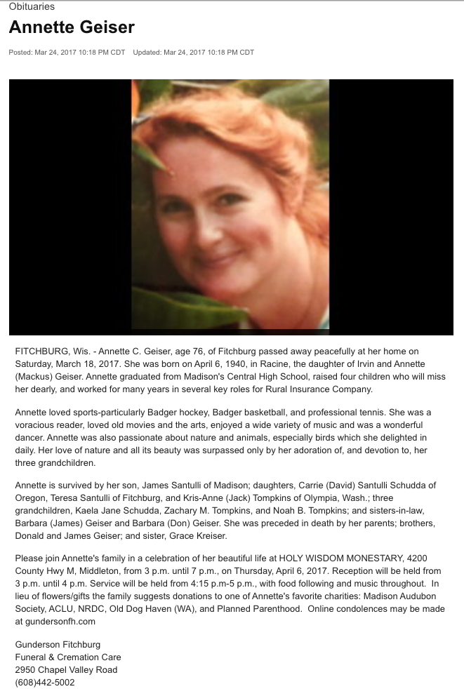 Annette Geiser Obituary | Madison West High School Class of 1958
